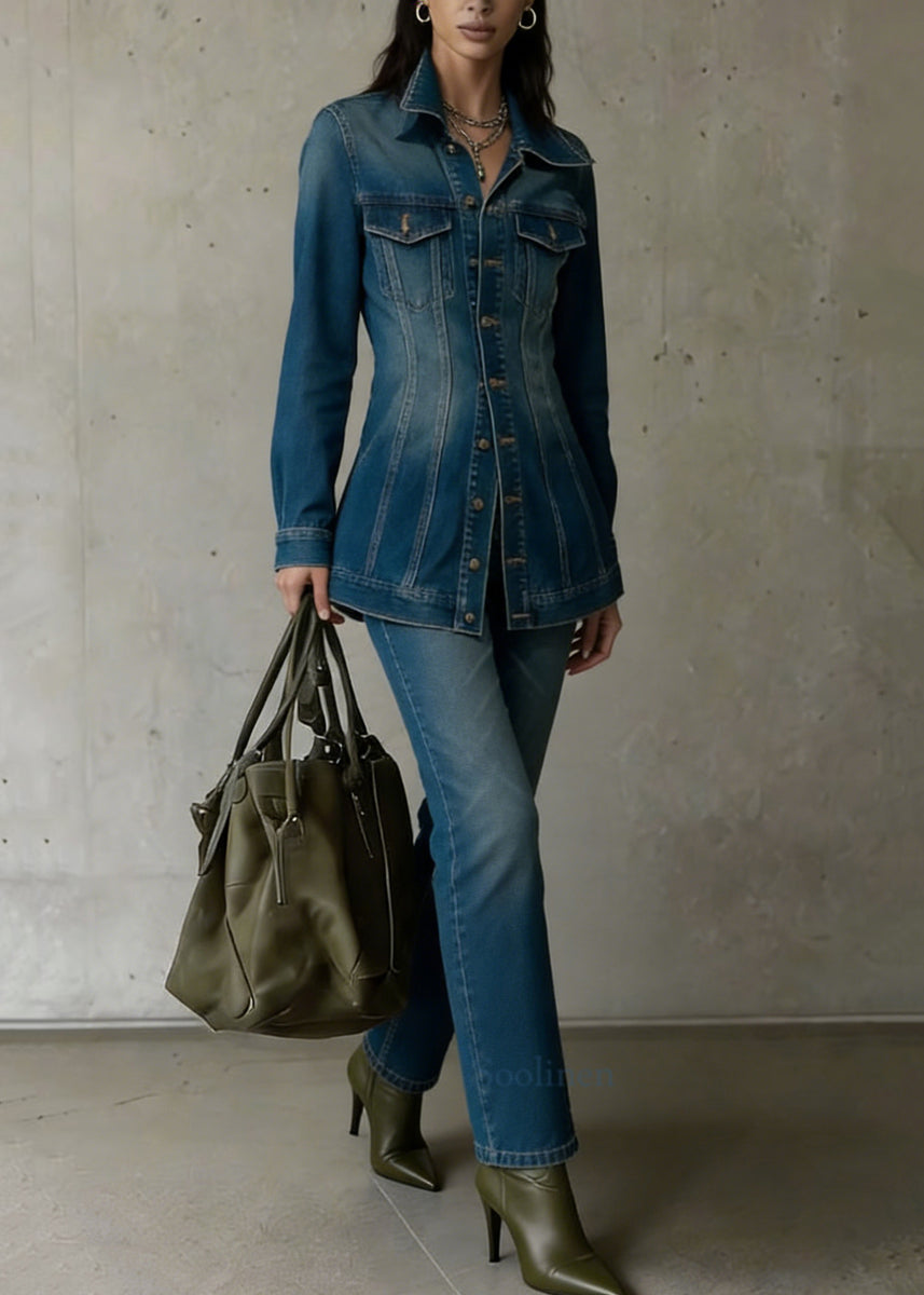 Natural Denim Blue Peter Pan Collar Button Coat And Flared Trousers Two ...