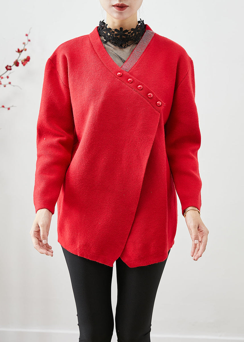 Natural Red Asymmetrical Button Knit Sweaters Winter – SooLinen
