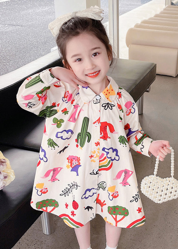 New Beige Print Button Girls Mid Dress Long Sleeve – SooLinen