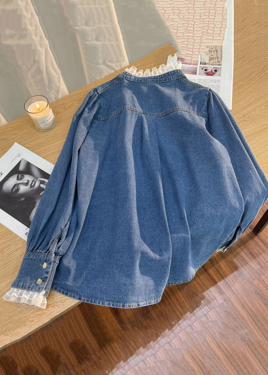 New Blue Button Lace Patchwork Denim Top Long Sleeve – SooLinen