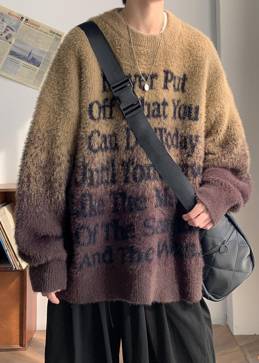 New Coffee Gradient Color Letter Mink Hair Knitted Men Sweaters Winter ...