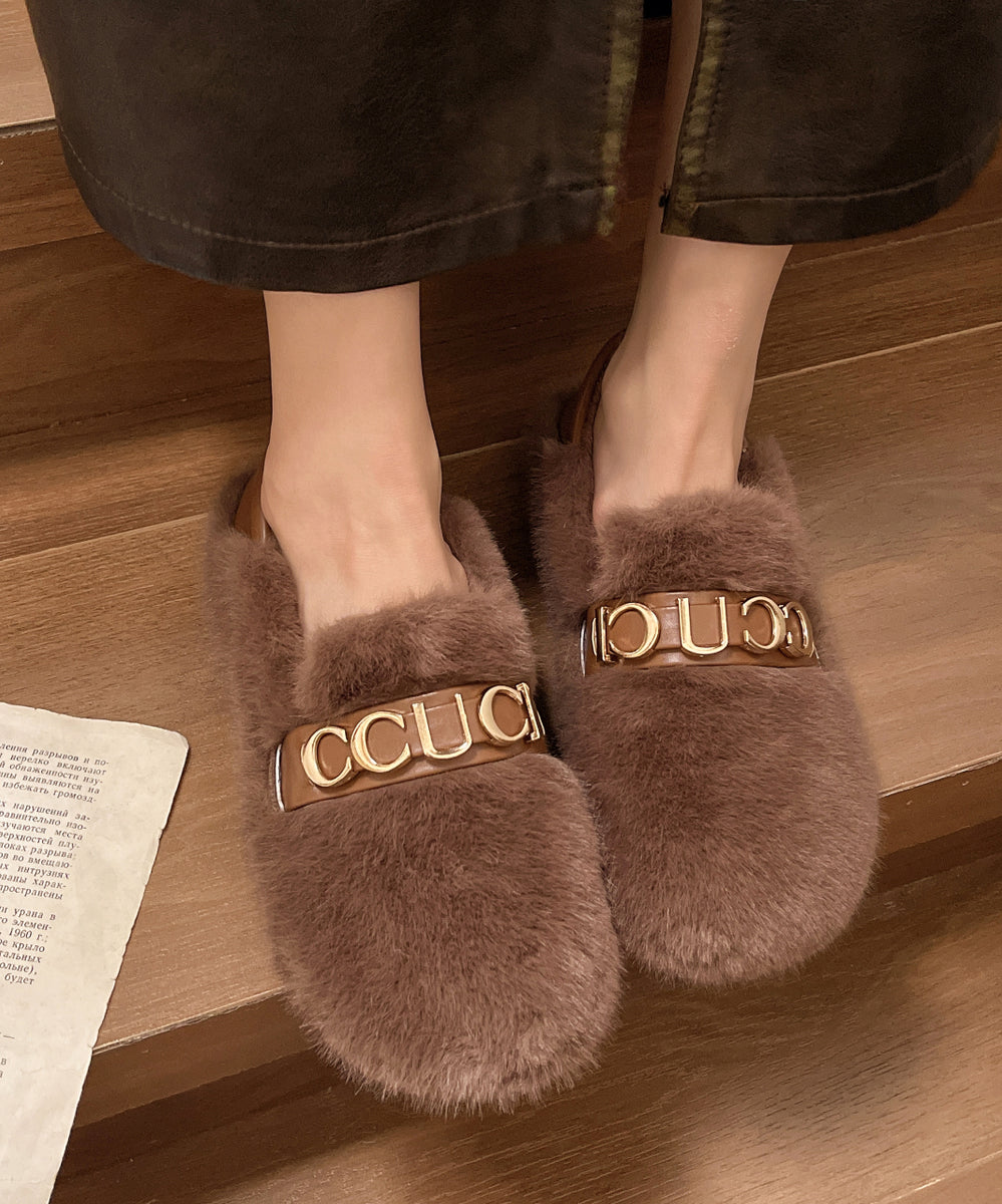 New Fuzzy Wool Lined Splicing Penny Loafers Beige – SooLinen