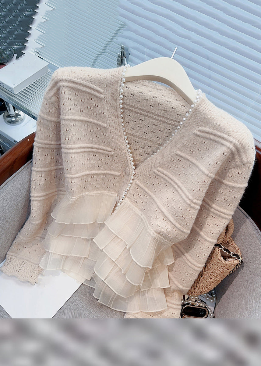 New Light Khaki Ruffled Pearl Patchwork Knit Cardigan Spring – SooLinen