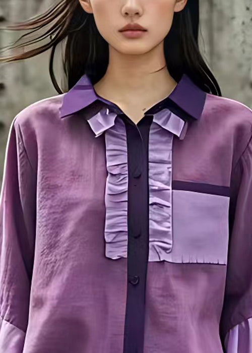New Purple Peter Pan Collar Ruffled Linen Shirt Bracelet Sleeve – SooLinen