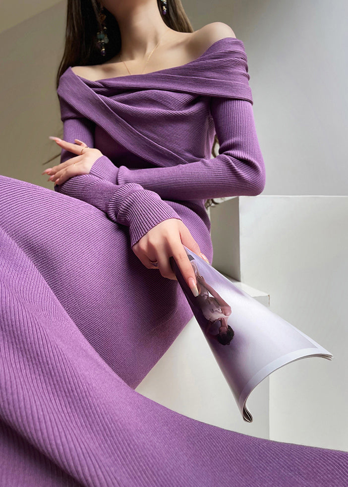 New Purple Slash Neck Side Open Knit Maxi Dress Spring – SooLinen
