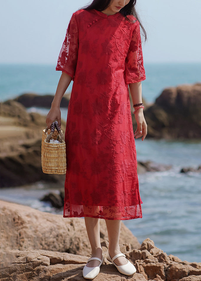 New Red Embroidered Side Open Dresses Half Sleeve – SooLinen