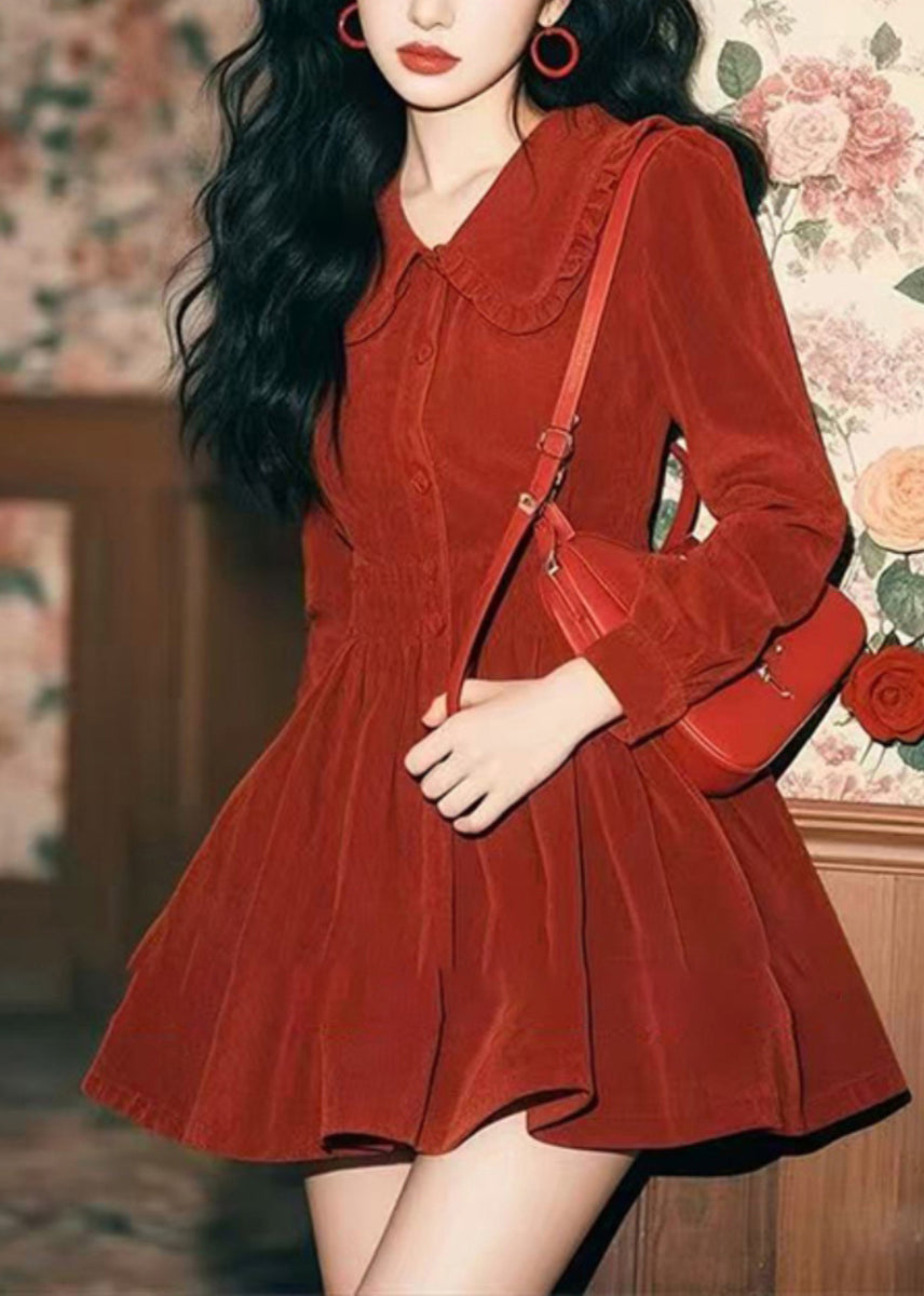 New Red Peter Pan Collar Button Corduroy Mid Dress Spring – SooLinen