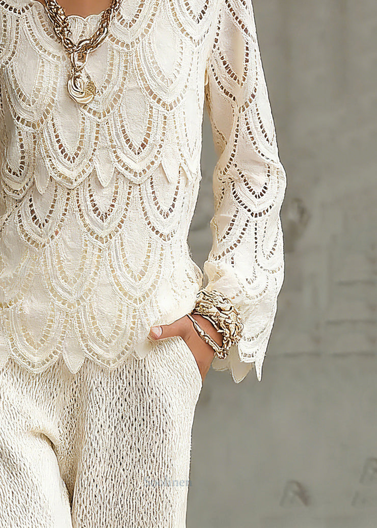 Novelty Beige Hollow Out Solid Lace Tops Spring – SooLinen