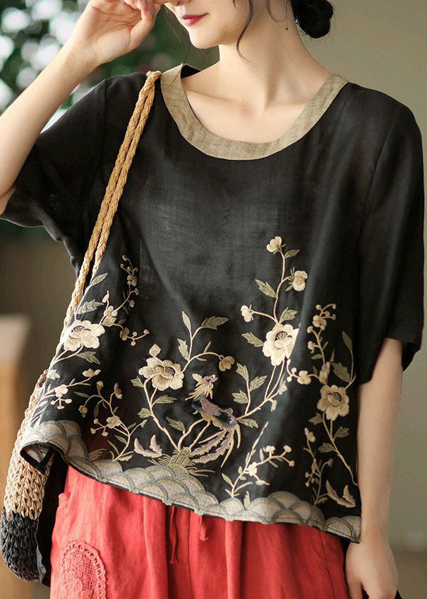 Organic Black Embroidered Low High Design Linen Tanks Short Sleeve ...