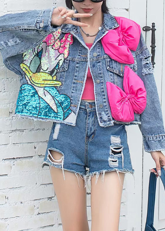 Organic Blue Peter Pan Collar Patchwork Sequins Button Denim Coats Fal ...