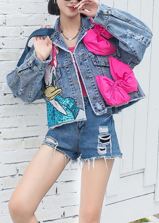 Organic Blue Peter Pan Collar Patchwork Sequins Button Denim Coats Fal ...
