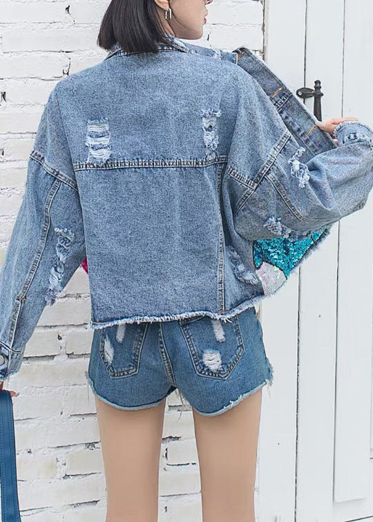 Organic Blue Peter Pan Collar Patchwork Sequins Button Denim Coats Fal ...