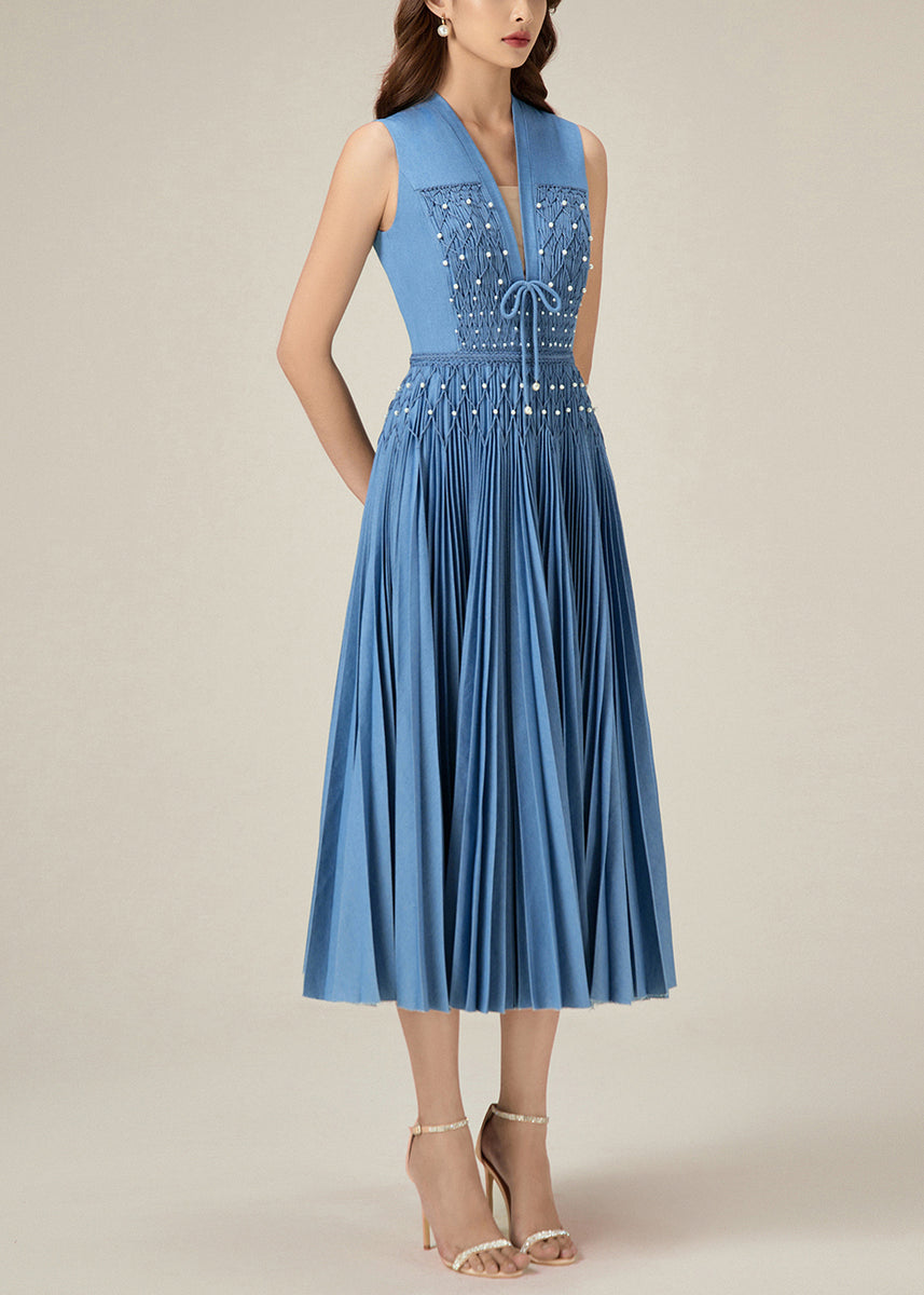 Original Blue V Neck Wrinkled Pearl Denim Long Dress Sleeveless – SooLinen