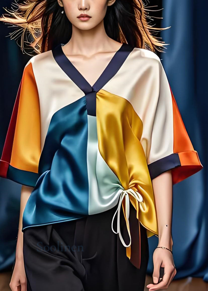 Original Colorblock V Neck Cinched Patchwork Silk Tops Summer – SooLinen