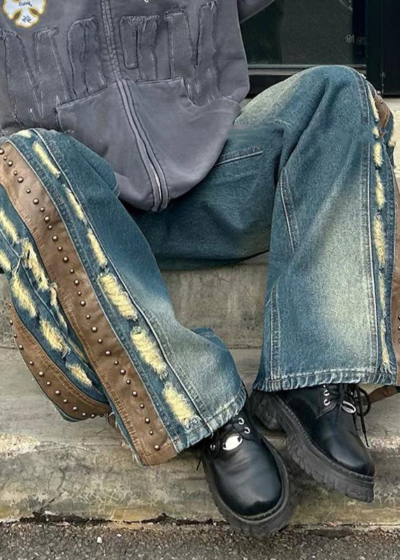 Original Design Blue Nail Bead Faux Leather Patchwork Denim Pants Spri ...