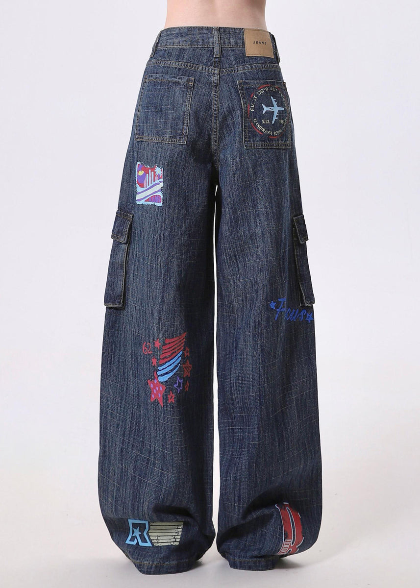 Original Design Blue Pockets Print Cotton Straight Pants Spring – SooLinen