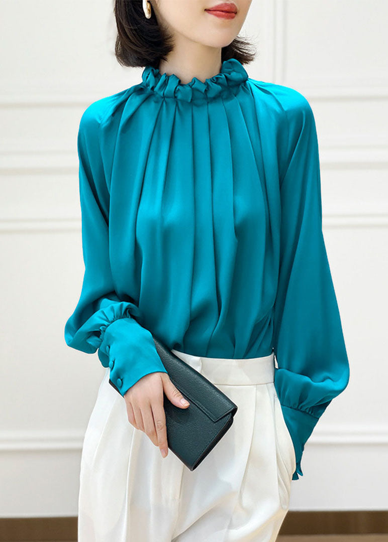 Original Design Blue Stand Collar Cinched Silk Tops Spring – SooLinen