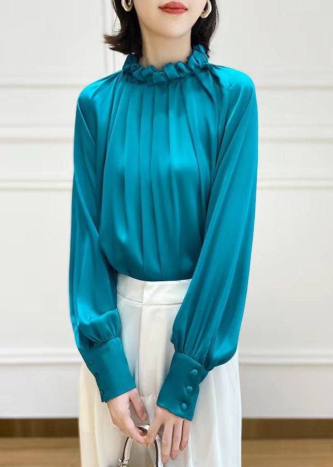 Original Design Blue Stand Collar Cinched Silk Tops Spring – SooLinen