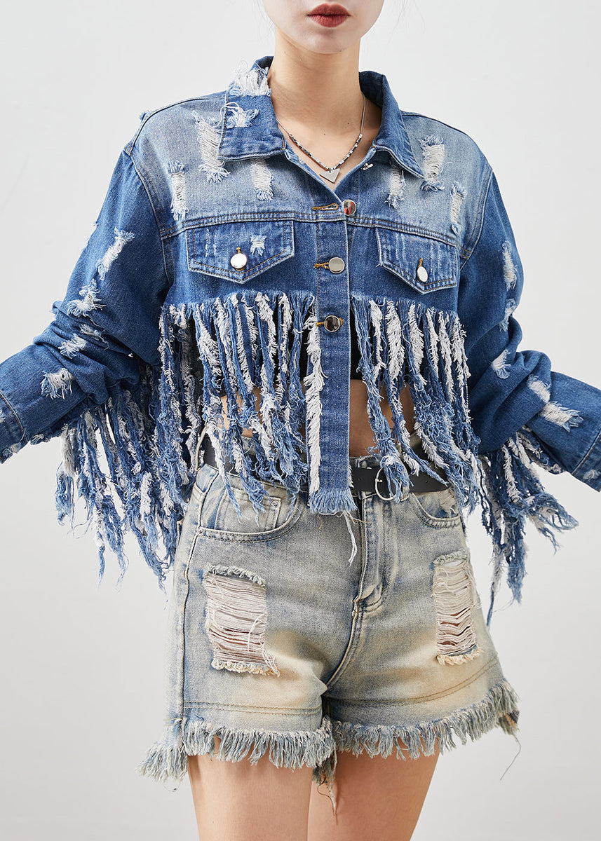 Original Design Blue Tasseled Cotton Ripped Coat Spring – SooLinen