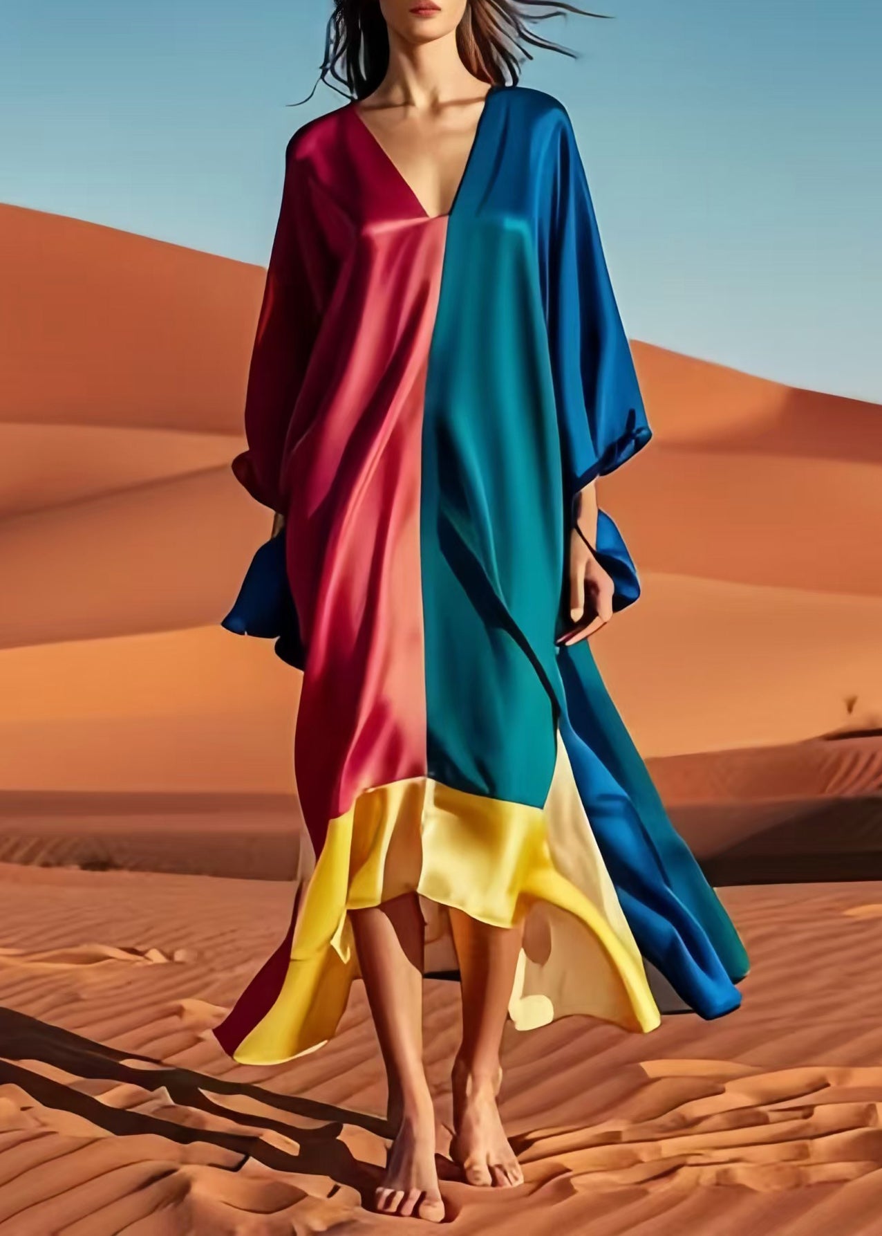 Original Design Colorblock Asymmetrical Patchwork Silk Vacation Dresse ...