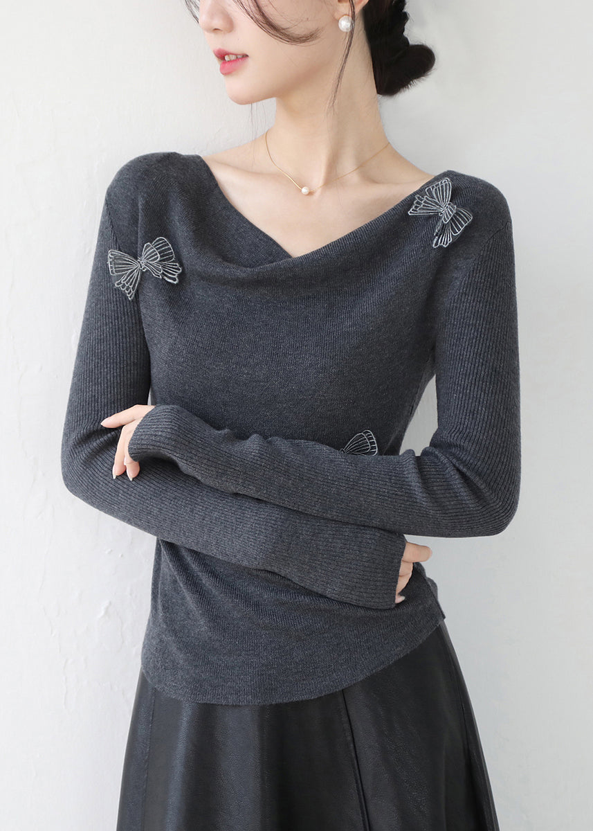 Original Design Grey Slash Neck Butterfly Knit Top Winter – SooLinen