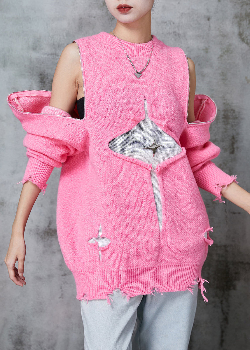 Pink Patchwork Knit Short Sweater Cold Shoulder Zippered Winter – SooLinen