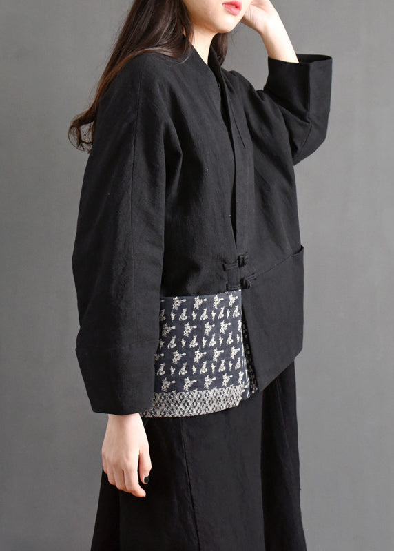 Plus Size Black V Neck Pockets Patchwork Fine Cotton Filled Coat Batwi ...