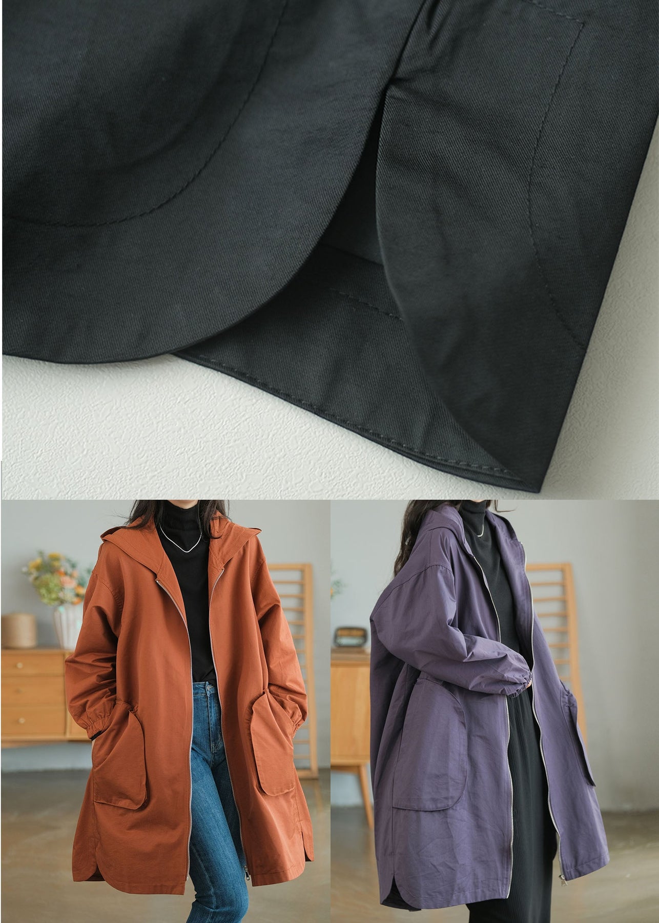 Plus Size Black Zip Up Solid Color Cotton Trench Coats Fall – SooLinen
