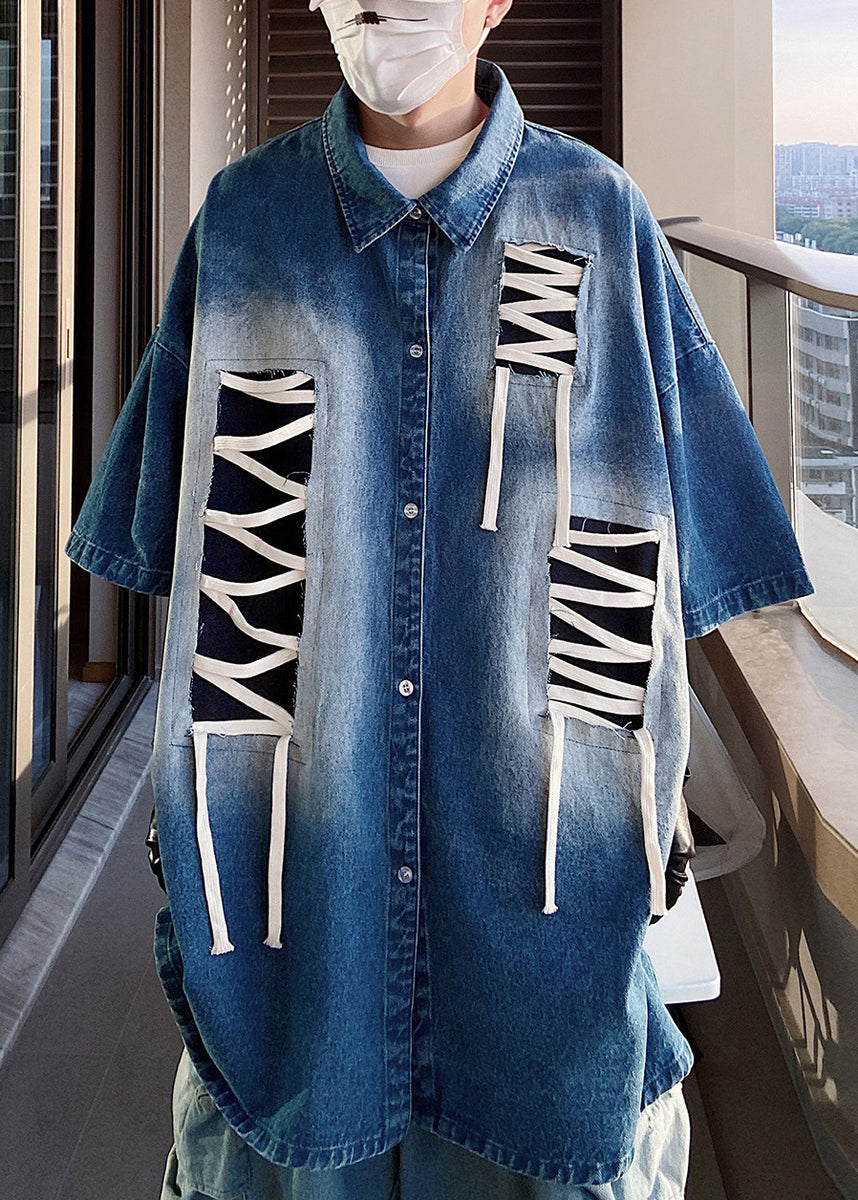 Plus Size Blue Original Design Patchwork Men Shirts Half Sleeve – SooLinen