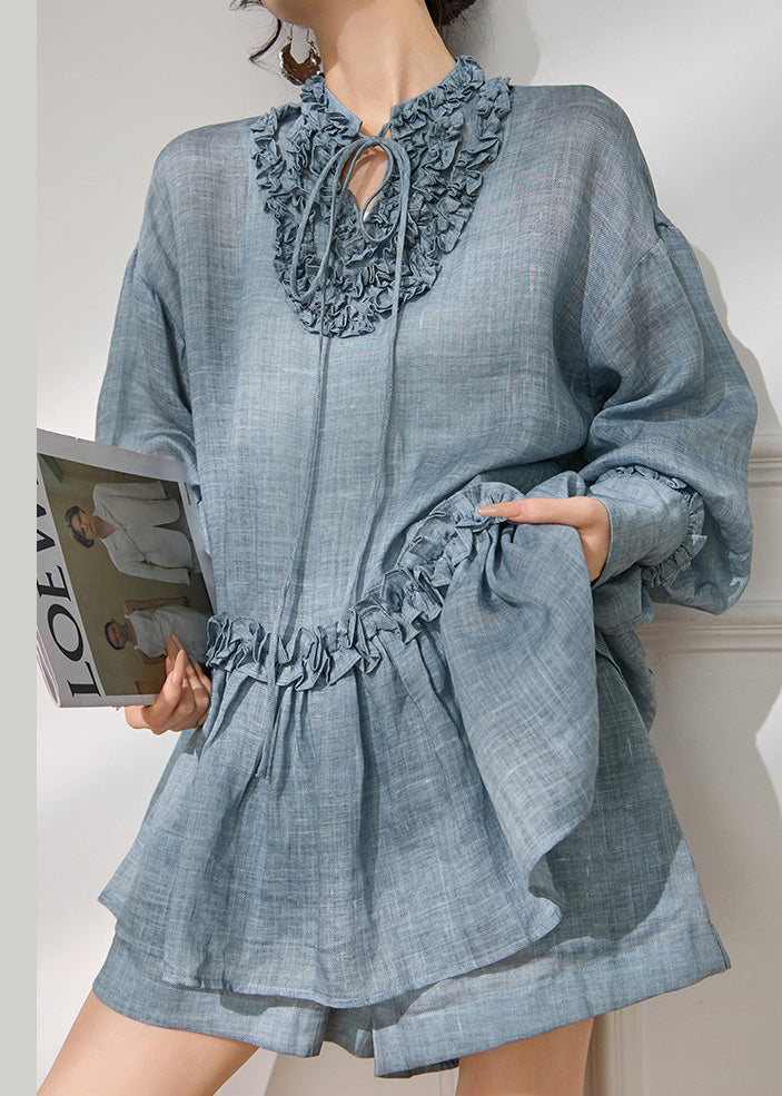 Plus Size Blue Ruffled Lace Up Cotton Two Piece Set Summer – SooLinen