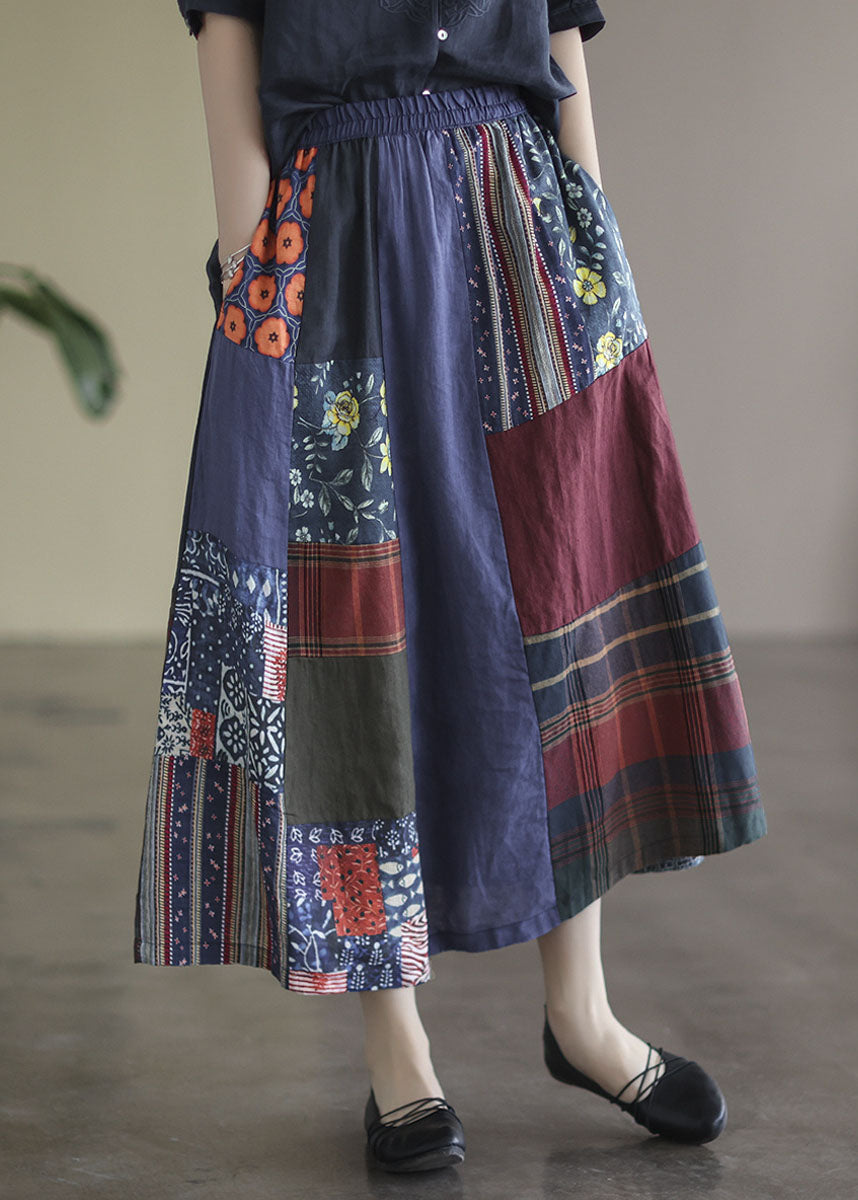 Plus Size Colorblock Elastic Waist Patchwork Print Linen Skirts Summer ...
