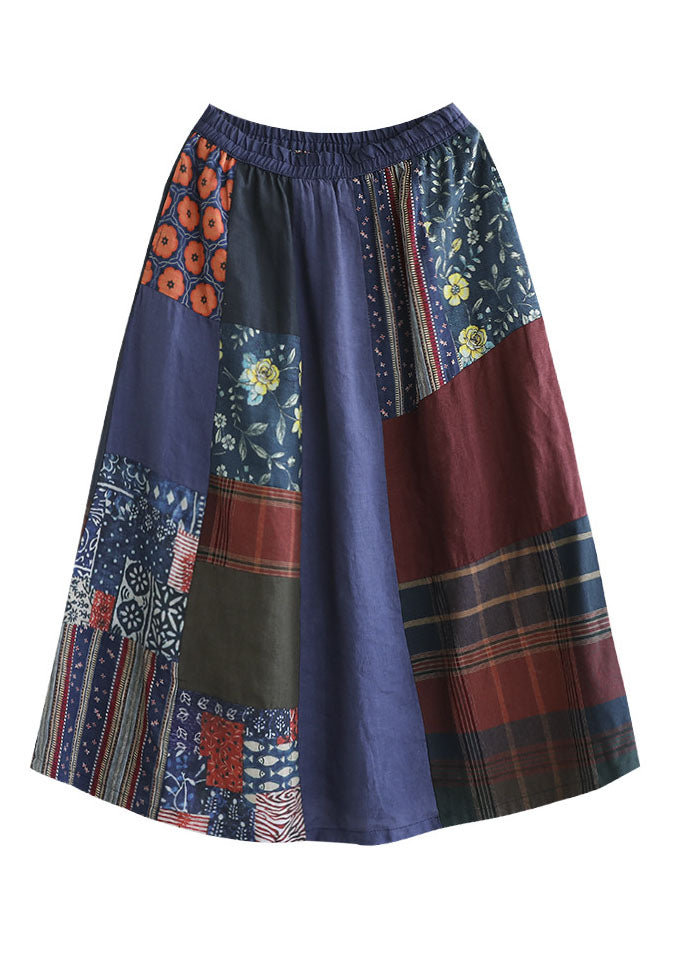 Plus Size Colorblock Elastic Waist Patchwork Print Linen Skirts Summer ...