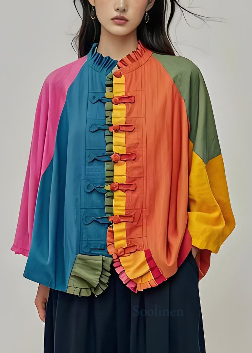 Plus Size Colorblock Ruffled Chinese Button Patchwork Cotton Coats Fal ...