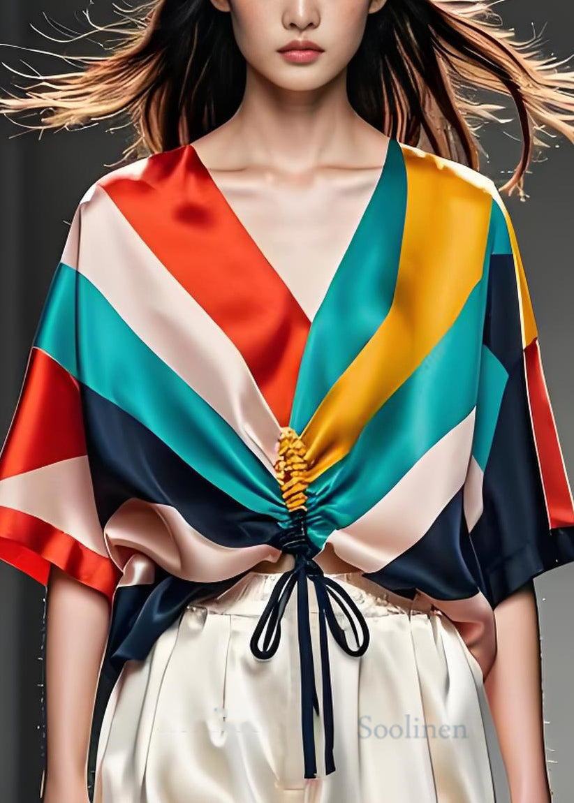 Plus Size Colorblock V Neck Cinched Silk Shirt Tops Summer – SooLinen