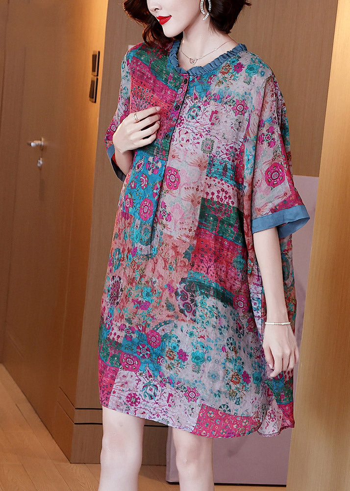 Plus Size Red O-Neck Print Button Side Open Linen Dress Half Sleeve ...