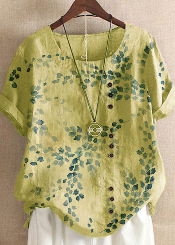 Plus Size Yellow O-Neck Embroideried Floral Linen Tops Short Sleeve ...