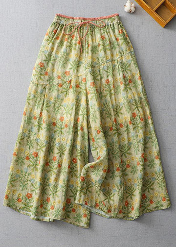 Plus Size Yellow Print Lace Up Elastic Waist Linen Wide Leg Pants Summ ...