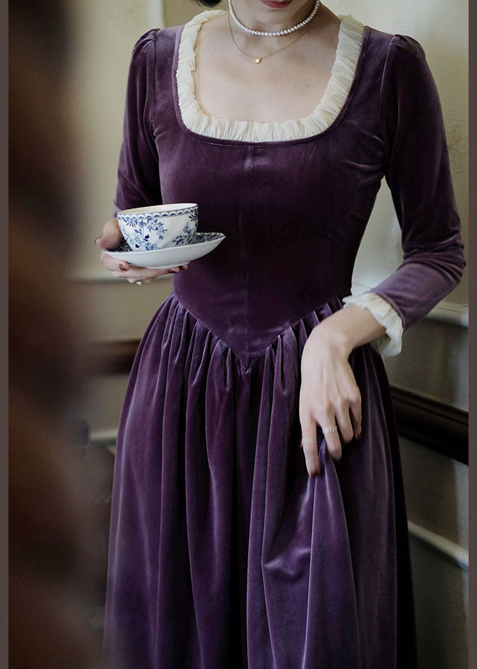 Purple Patchwork Silk Velour Holiday Dress Wrinkled Spring – SooLinen