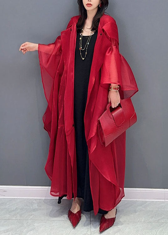 Red Patchwork Silk Cardigans Button Wrinkled Summer – SooLinen