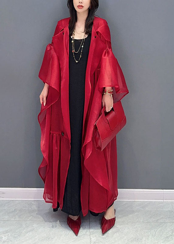 Red Patchwork Silk Cardigans Button Wrinkled Summer – SooLinen