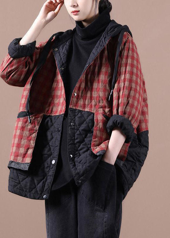 Red Plaid Patchwork Women Winter Parkas – SooLinen