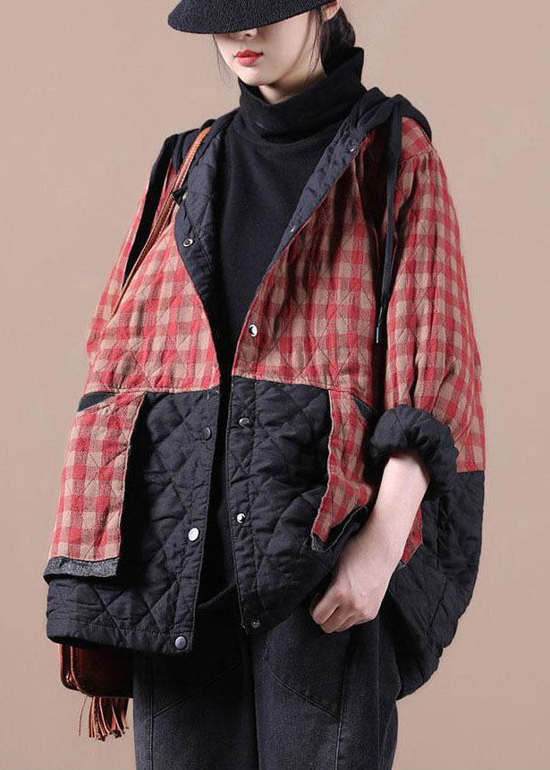 Red Plaid Patchwork Women Winter Parkas – SooLinen