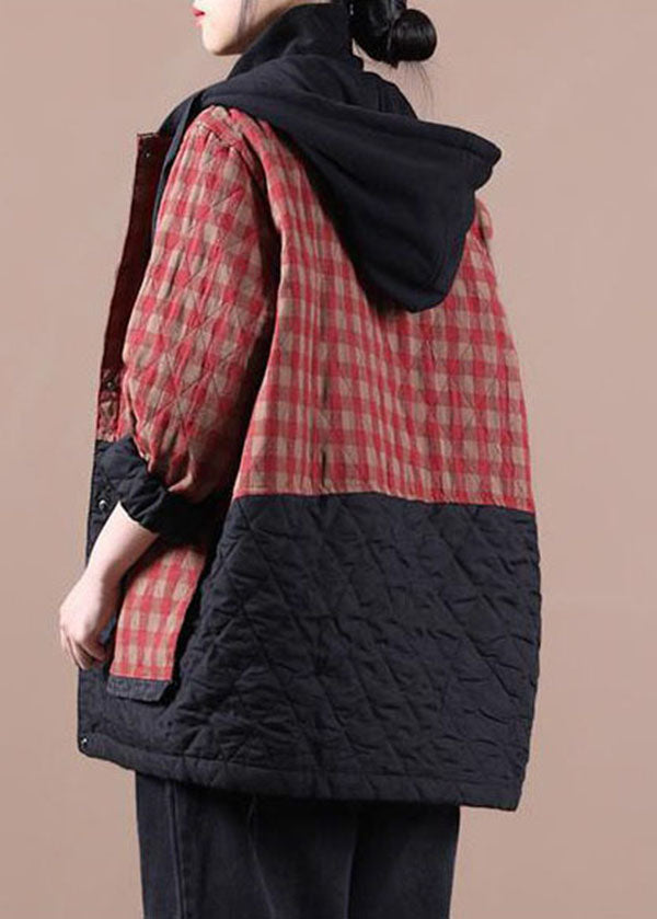 Red Plaid Patchwork Women Winter Parkas – SooLinen