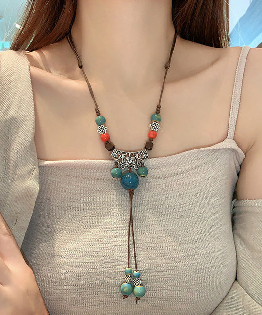 Retro Brown Alloy Ceramic Hemp Rope Tassel Pendant Necklace – SooLinen