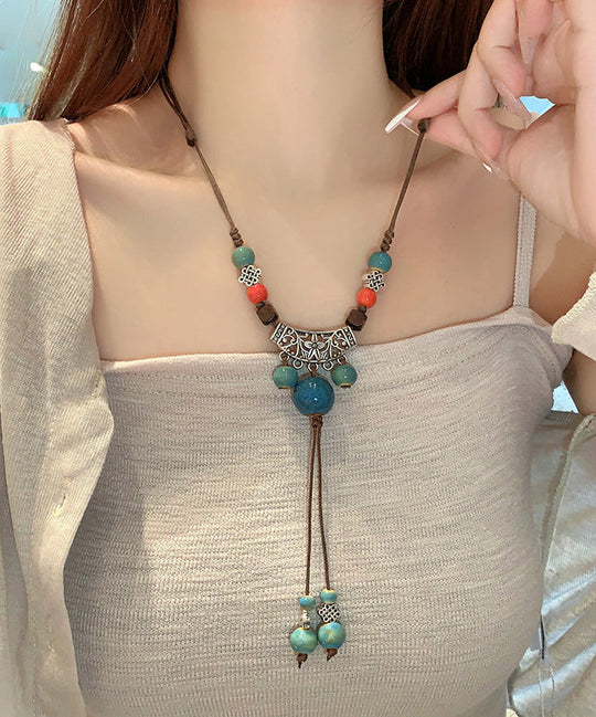 Retro Brown Alloy Ceramic Hemp Rope Tassel Pendant Necklace – SooLinen