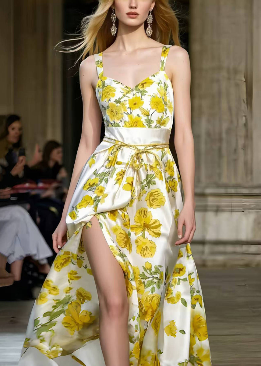 Silm Fit Yellow Floral Print Side Open Silk Sundress Summer – SooLinen