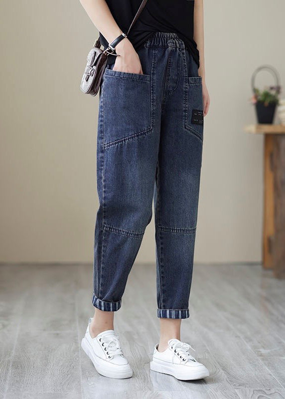 Simple Blue Patchwork Elastic Waist Crop Beam Jeans – SooLinen