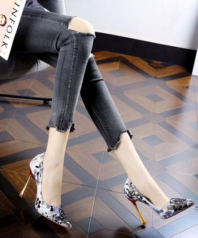Simple Pointed Toe Stiletto High Heels Black Jacquard – SooLinen
