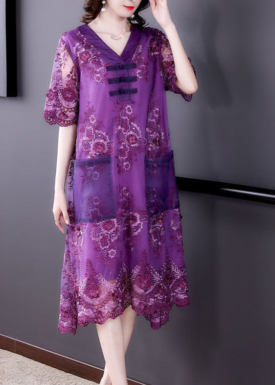 Simple Purple Embroideried Patchwork Lace Long Dresses Summer – SooLinen