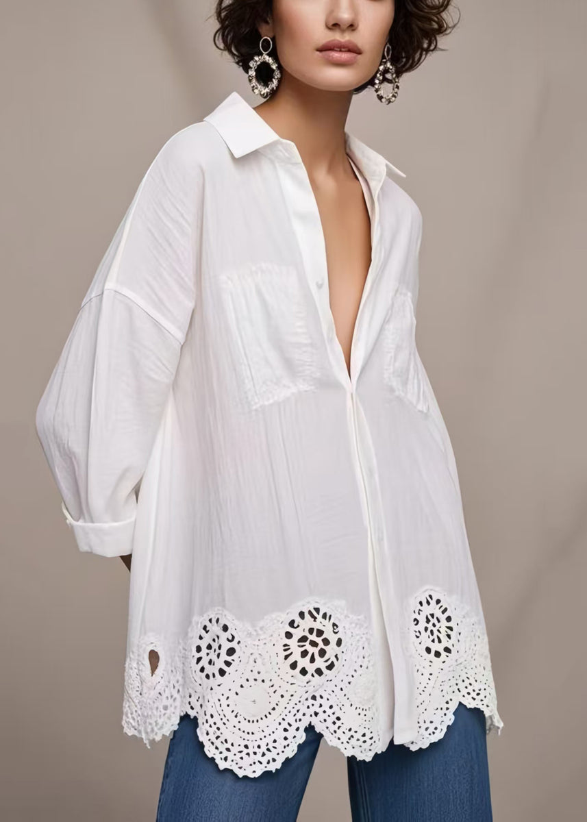 Simple White Oversized Hollow Out Cotton Shirt Top Spring – SooLinen